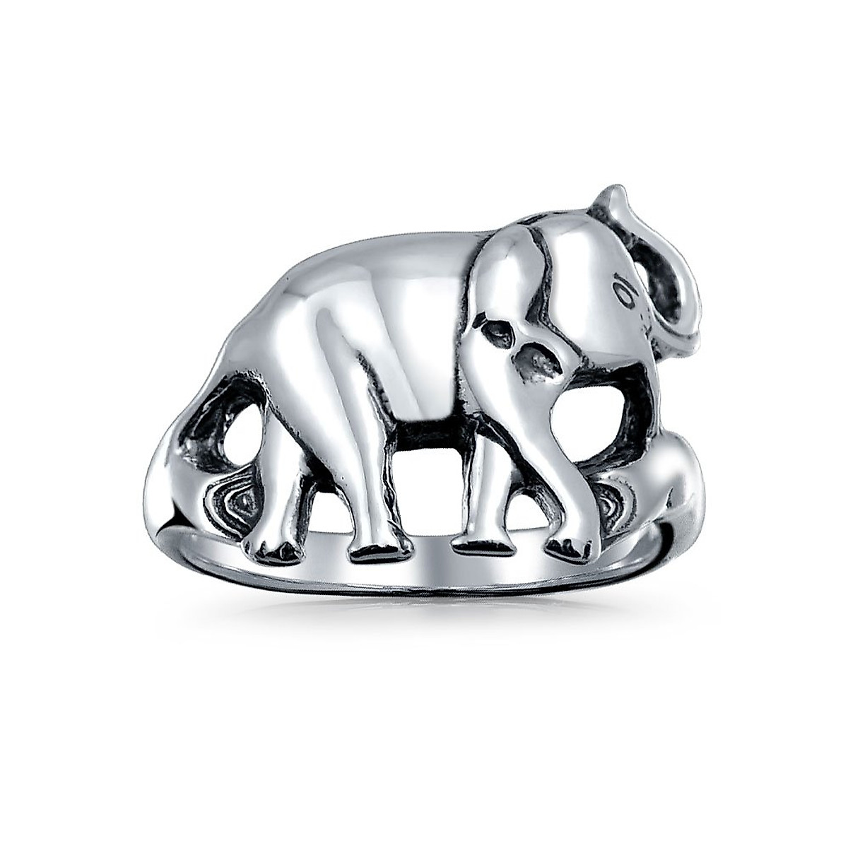 Good Luck Trunk Up Zoo Animal Elephant Ring For Women For Teen Oxidized .925 Sterling Silver