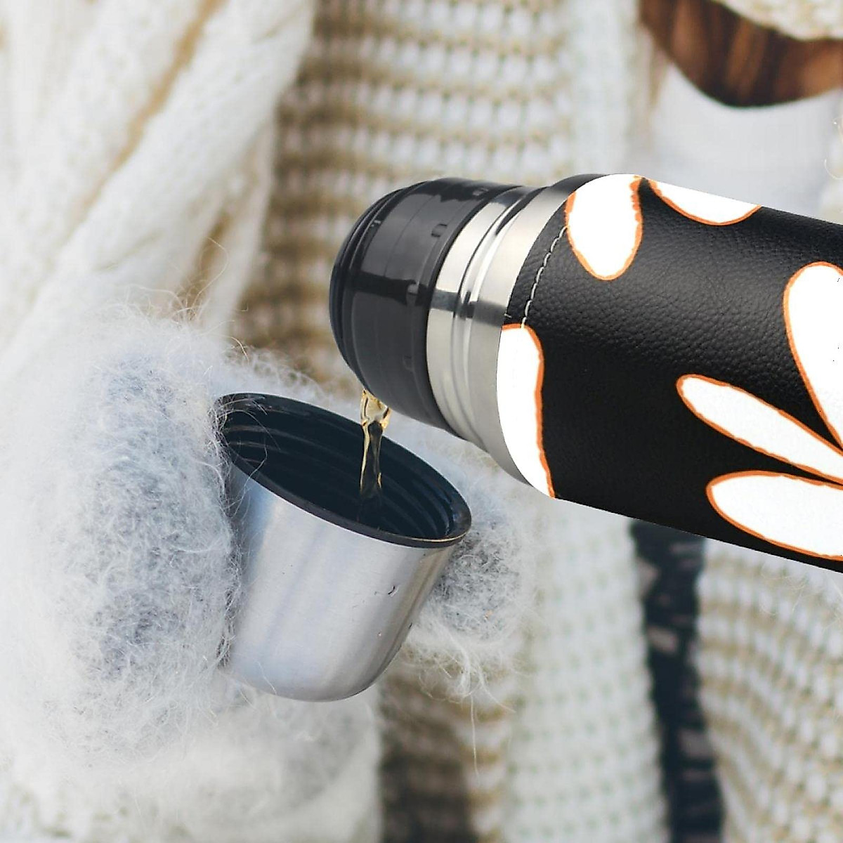 Stainless Steel Leather Vacuum Insulated Mug Flowers Thermos Water Bottle for Hot and Cold Drinks Kids Adults 16 Oz