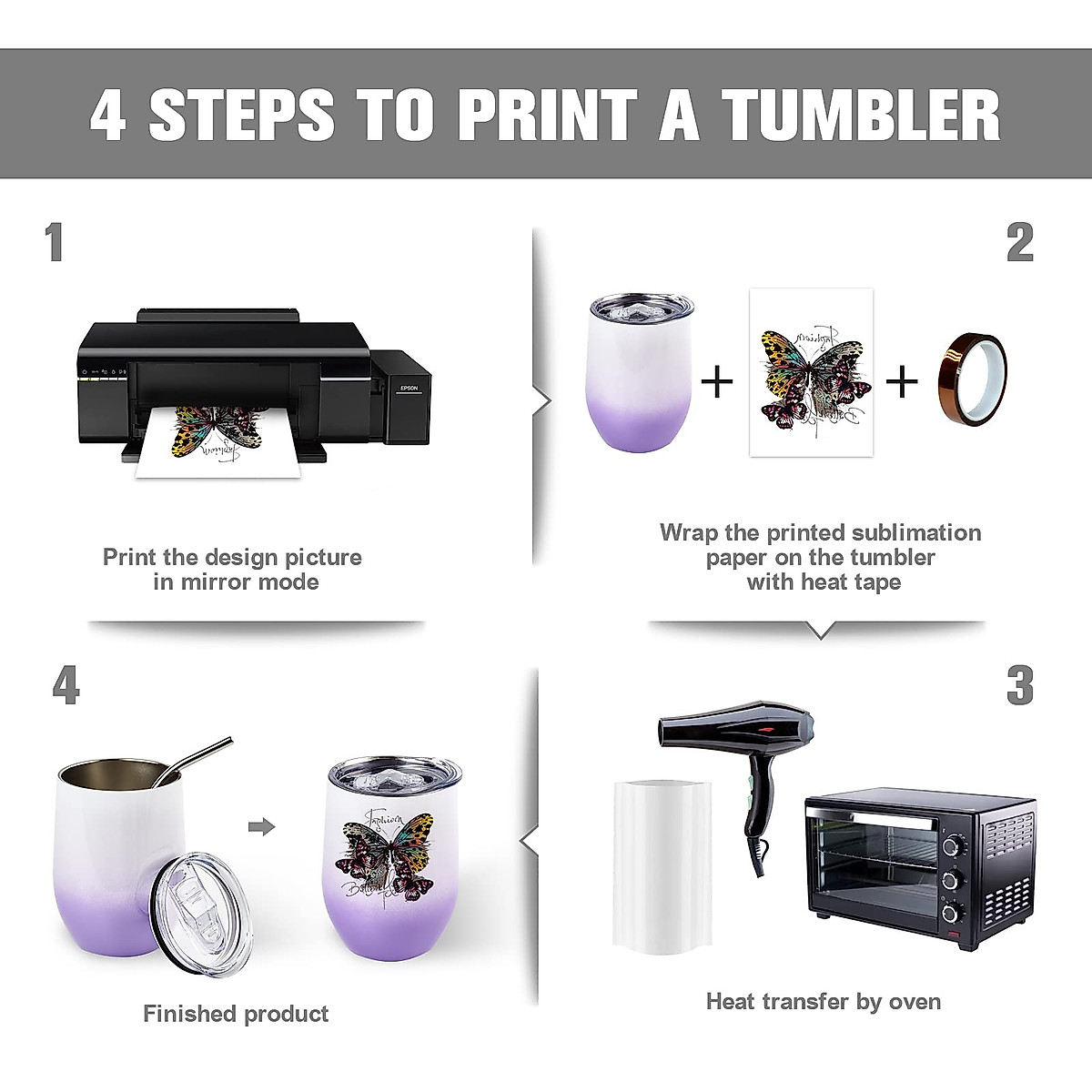 BetterSub 4 Packs 12oz Sublimation Wine Tumbler Cups Double Wall Insulation Stainless Steel Tumbler Blank Gradient Colors Coffee Cup with Lid, Metal Straw, Brush, Display Box