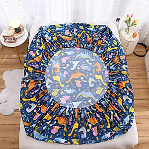 NATURETY Soft Bedding Fitted Sheet with Deep Pocket,Thicken Fabric Dino Printed Bed Sheets for Teens (Navy Blue(Dinosaur), Twin)