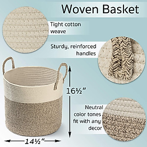 Shu Baby Woven Storage Basket - Large Cotton Rope Basket with Long Handles, Foldable Laundry Hamper, Toy Bin and Decorative Hamper (brown)