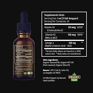 (2 Pack) Organic Vitamin D3 K2 Drops w MCT Oil Omega 3, 5000 IU, Maximum Strength Vitamin D Liquid 5000 IU, No Fillers, Non-GMO Liquid D3 for Faster Absorption & Immune Support, Unflavored, 2 Fl Oz