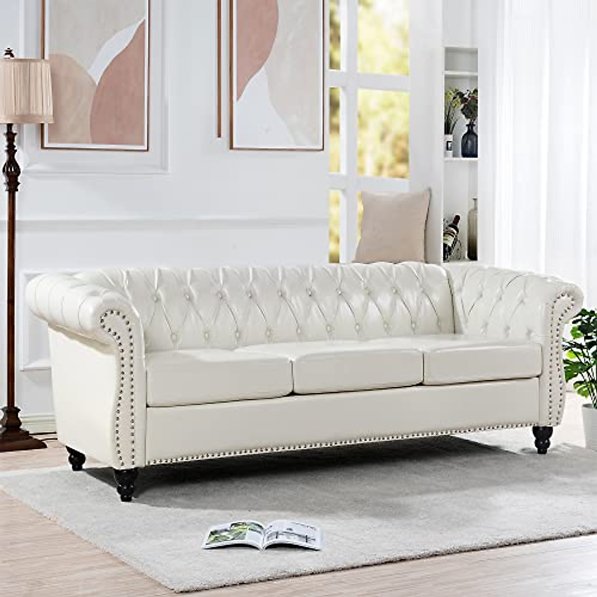 FANYE 84.65" 3-Seaters Chesterfield Clasic Luxury Roller Armrest Soild Wood Legs Sectional,Button Tufted PU Leather Upholstered Modular Sofa Couch with Reversible Cushions & Nailhead Decor, White