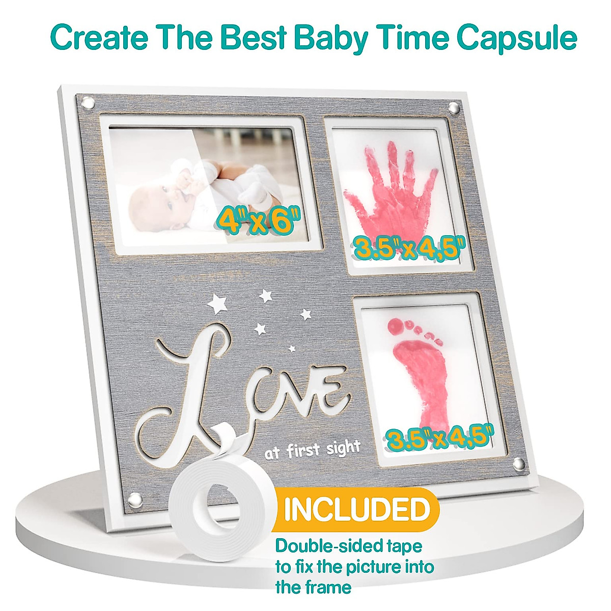 1Dino Premium Baby Handprint and Footprint Kit - 12.6” x 12.2" White/Grey Wood Picture Frame - Includes 2X Clean Touch Ink Pad Pink for Baby Hand and Footprints - Registry for Baby, Baby Shower Gifts