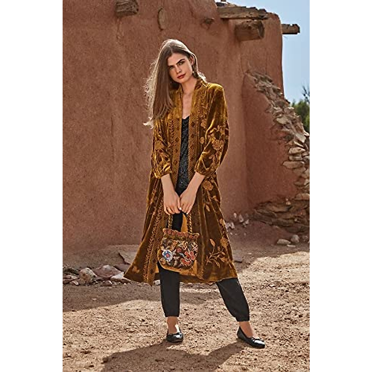 Johnny Was DENALI VELVET POUCH Vintage Gold Embroidery Handbag Bag Small New