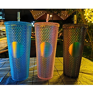 Studded Tumbler With Straw Tumblers With Lids And Straws Pink Tumbler With Straw Textured Cup BPA-Free Double-Wall Plastic Tumblers for Iced Coffee Cold Drinks or Water 24 Oz
