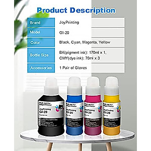 JoyPrinting GI-20 Refill Ink Bottles Kit Replacement for Canon GI20PGBK GI20 Ink Work for Canon PIXMA G6020 G7020 5020 MegaTank Printers (1 Pigment Black / 1 Cyan / 1 Magenta / 1Yellow, 4 Pack)