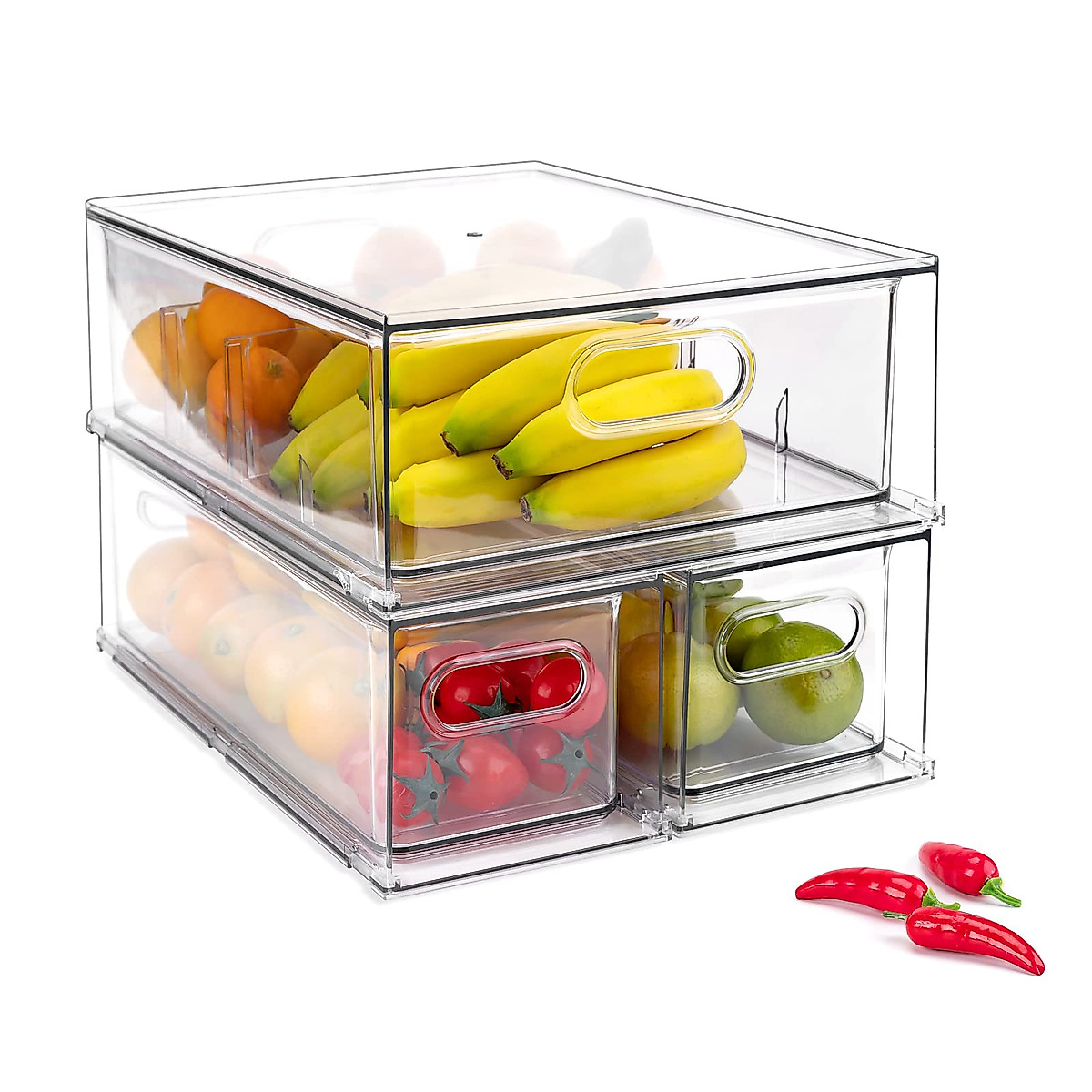 Wonlooker 3 Pack Refrigerator Organizer Bins with Pull-out Drawer, Stackable Fridge Drawer Organizer Set with Handle, Clear Plastic Food Storage Containers for Freezer, Cabinet, Kitchen, Pantry