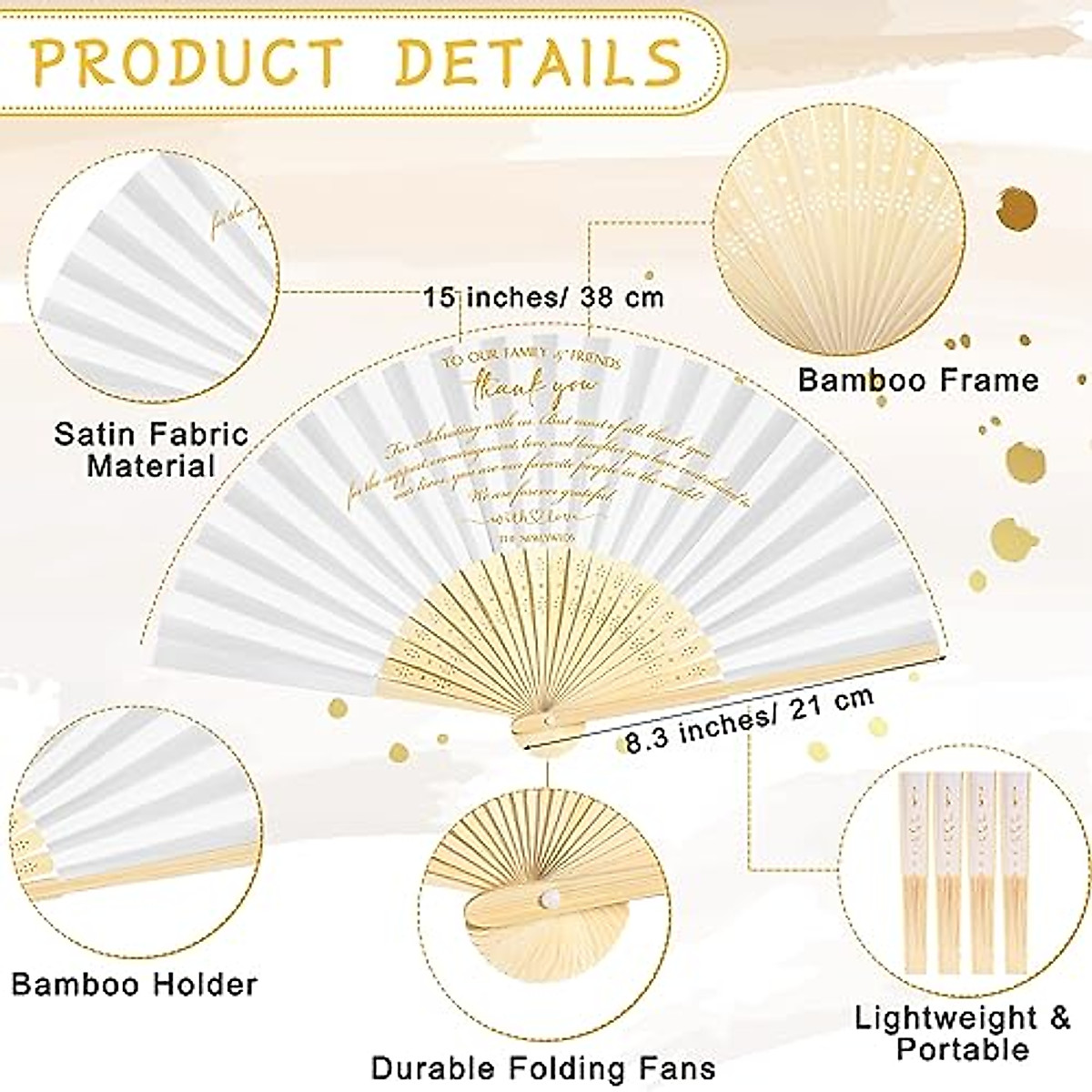 Unittype 100 Pcs Wedding Folding Fans for Guests Bamboo Folded Hand Fan Thank You Fan for Wedding Favors Vintage Silk Handheld Fans for Bridal Shower Decorations(White, Simple Style)