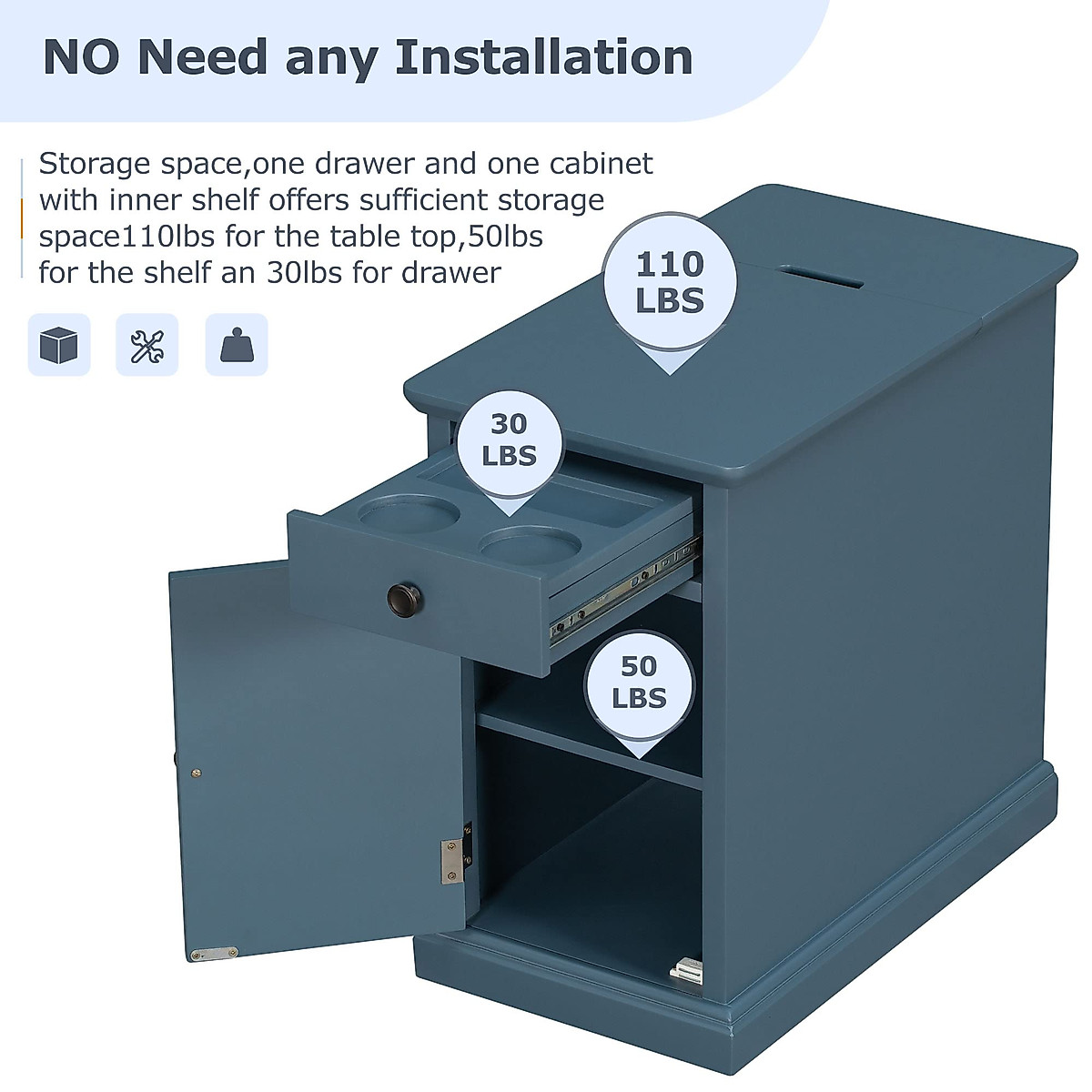 Wood Nightstand with Charging Station,End Table Side Table with 1 Multifunctional Drawer Built-in Cup Holders and USB Ports,for Living Room,Bedroom (Antique Navy@c)