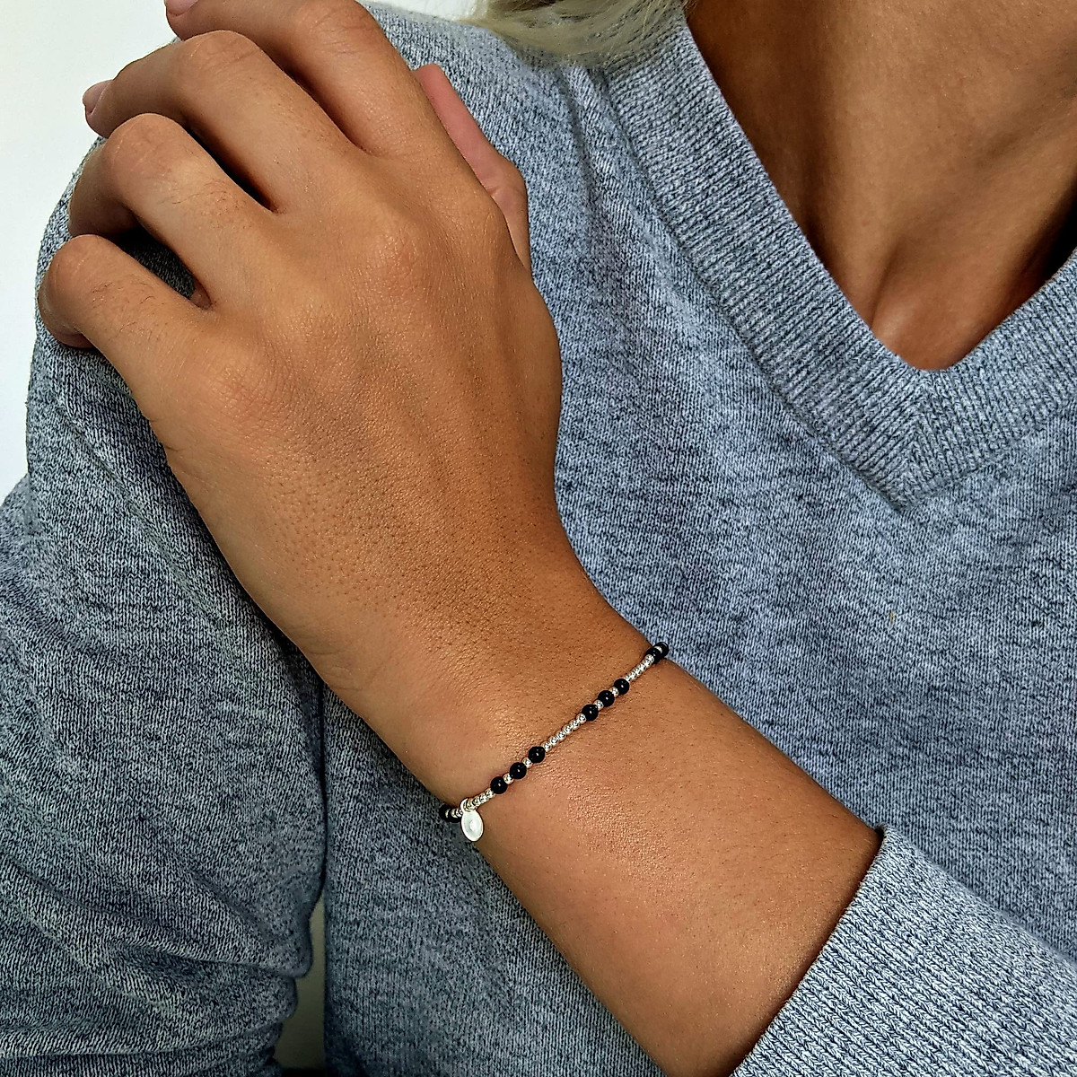 Silverly Women's 925 Sterling Silver 2 mm Small Thin Black Ball Beaded Elastic Stretch Bracelet