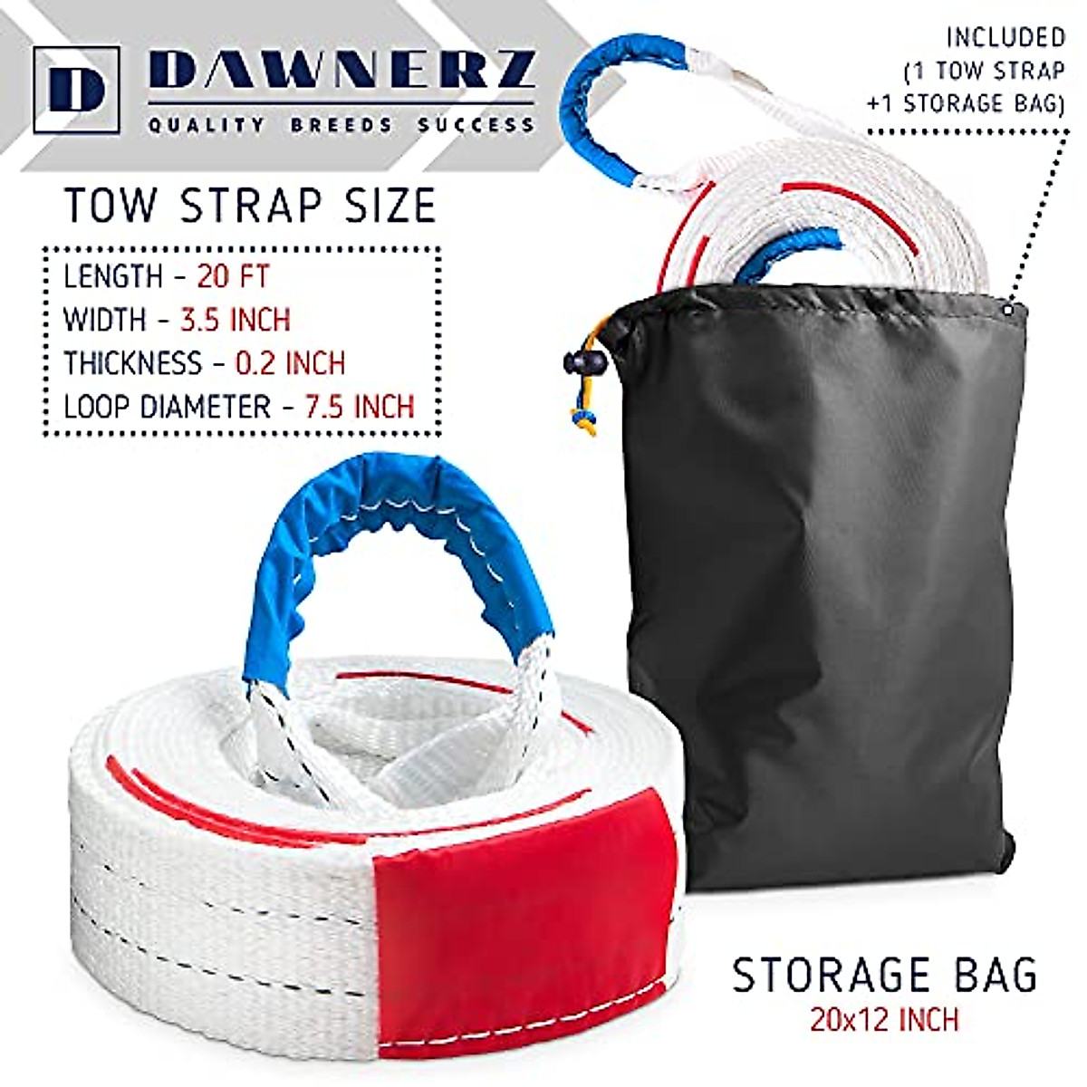 Tow Strap Heavy Duty 20 ft 46000 lbs - Dawnerz Towing Rope 6 m 22 Tons with Triple Reinforced Loops