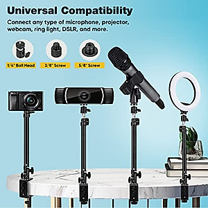 𝗨𝗽𝗴𝗿𝗮𝗱𝗲𝗱 360° Rotatable Camera Desk Mount Stand, 13.4"-21.3" Adjustable Tabletop Light Stand with 1/4" Ball Head & 3/8", 5/8" Screw for Photography Videography Live Streaming Virtual Meetings