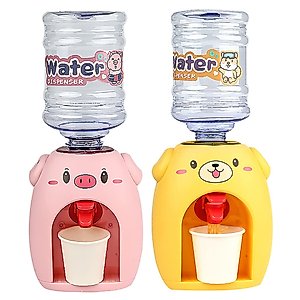 LUOZZY 2Pcs Mini Water Dispenser for Kids Cartoon Pig Dog Kids Water Machine Drinking Water Fountains Toys - Pink + Yellow