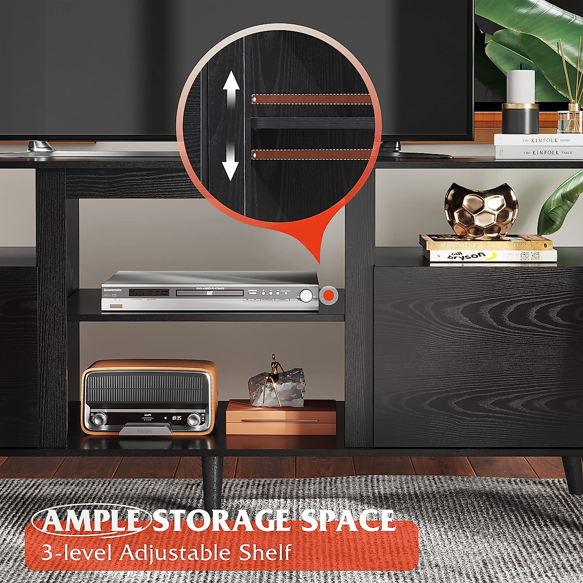 WLIVE TV Stand for 65 Inch TV, 58 inch Entertainment Center with 2 Storage Cabinets, Media Console for Living Room, Bedroom and Office, Black