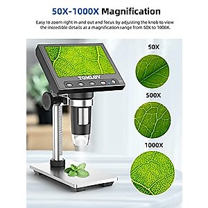 TOMLOV DM4 Coin Microscope 1000X with 4.3" Screen, 720P LCD Microscope with Metal Stand, 8 Adjustable LED Lights, PC View for Kids Adults, Windows Compatible, 32GB TF Card Included