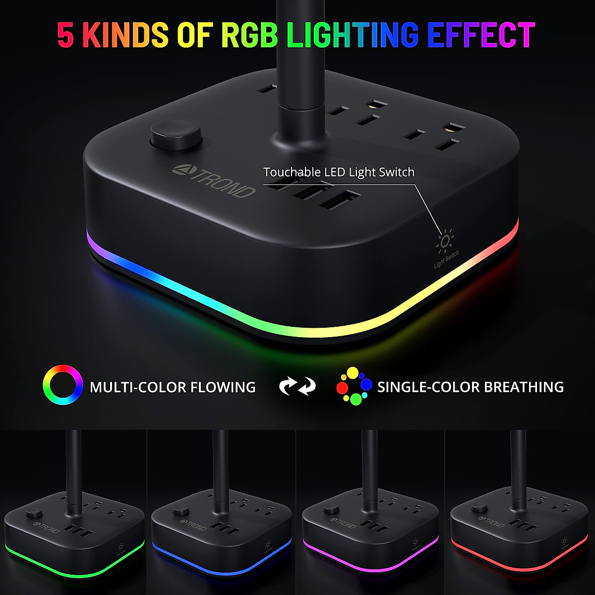 TROND Headphone Stand with USB Charger, Desk Gaming Headset Holder with 3 USB Charging Ports and 3 AC Outlets, RGB Headphone Hanger with 5 Light Modes, for Desk Accessories, Gamer Gifts