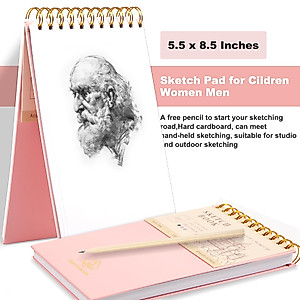 Yoment Sketchbook for Drawing Top Spiral Bound Sketch Pad for Kids 5.5" x 8.5" Hardcover Sketch Book(68lb/100gsm) Small Artist Drawing Blank Paper Notebook for Painting Sketching Pad with Pencil, Pink