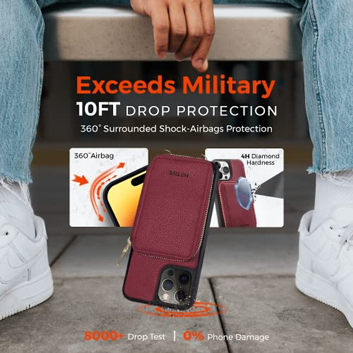 MOTIVE for iPhone 14 Pro Wallet Case, Designed in New York, Crossbody Phone Case for Apple iPhone, Zipper Purse Case Wallet with RFID Blocking Card Holder | 6.1" Color Red Wine - Fancy Series