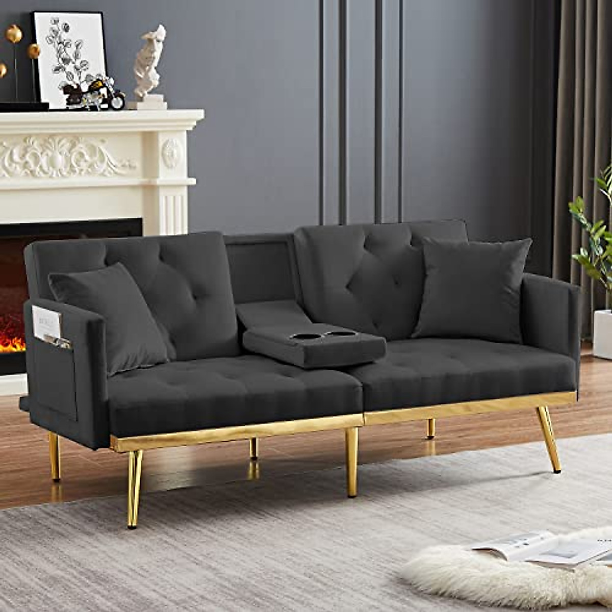 Futon Sofa Bed with Cup Holder, JEEOHEY 69" W Convertible Sleeper Sofa with 6 Metal Golden Legs & 2 Pillows & 2 Pockets, Small Loveseat Sofa w/Split back for Living Room, Apartment, Small Space, Black