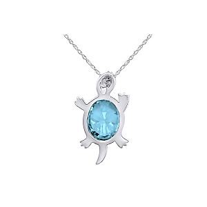 Jewel Zone US Simulated Aquamarine Gemstone & Cubic Zirconia Turtle Pendant Necklace In 14k White Gold Over Sterling Silver, 18" Chain