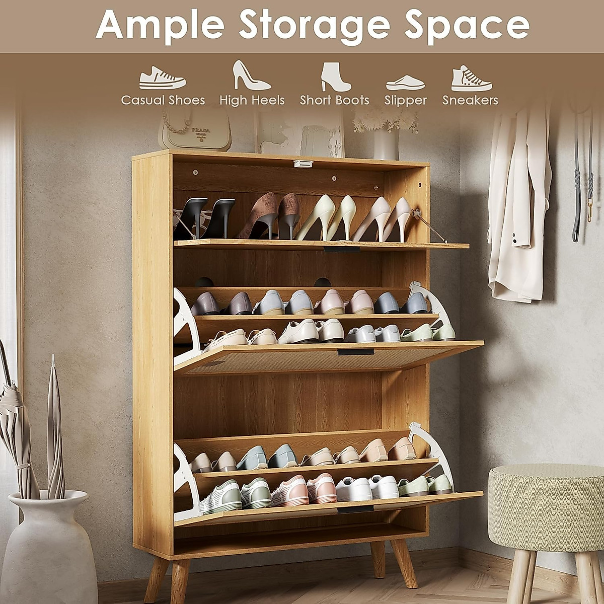 Buytime Natural Rattan Shoe Cabinet, Entryway Shoe Cabinet with 2 Flip Drawers and Hidden Cabinet, Boho Shoe Organizer Cabinet, Wooden Shoe Storage Cabinet for Entrance, Hallyway, Natural