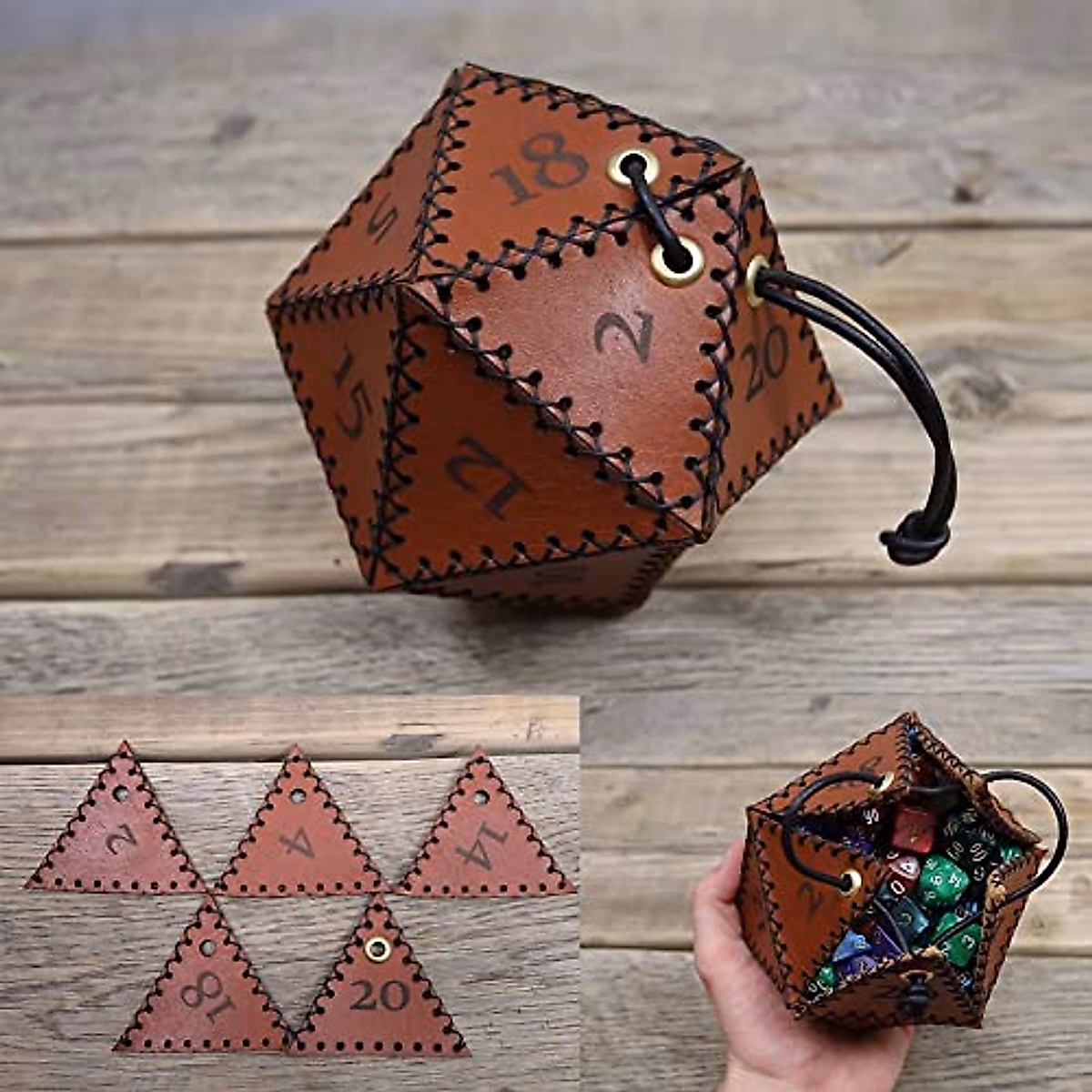 Taivoze Leather D20 Dice Bag, Polyhedral Dice Pouch Portable Drawstring Bag for RPG,Game,DND Dice Bag, Brown