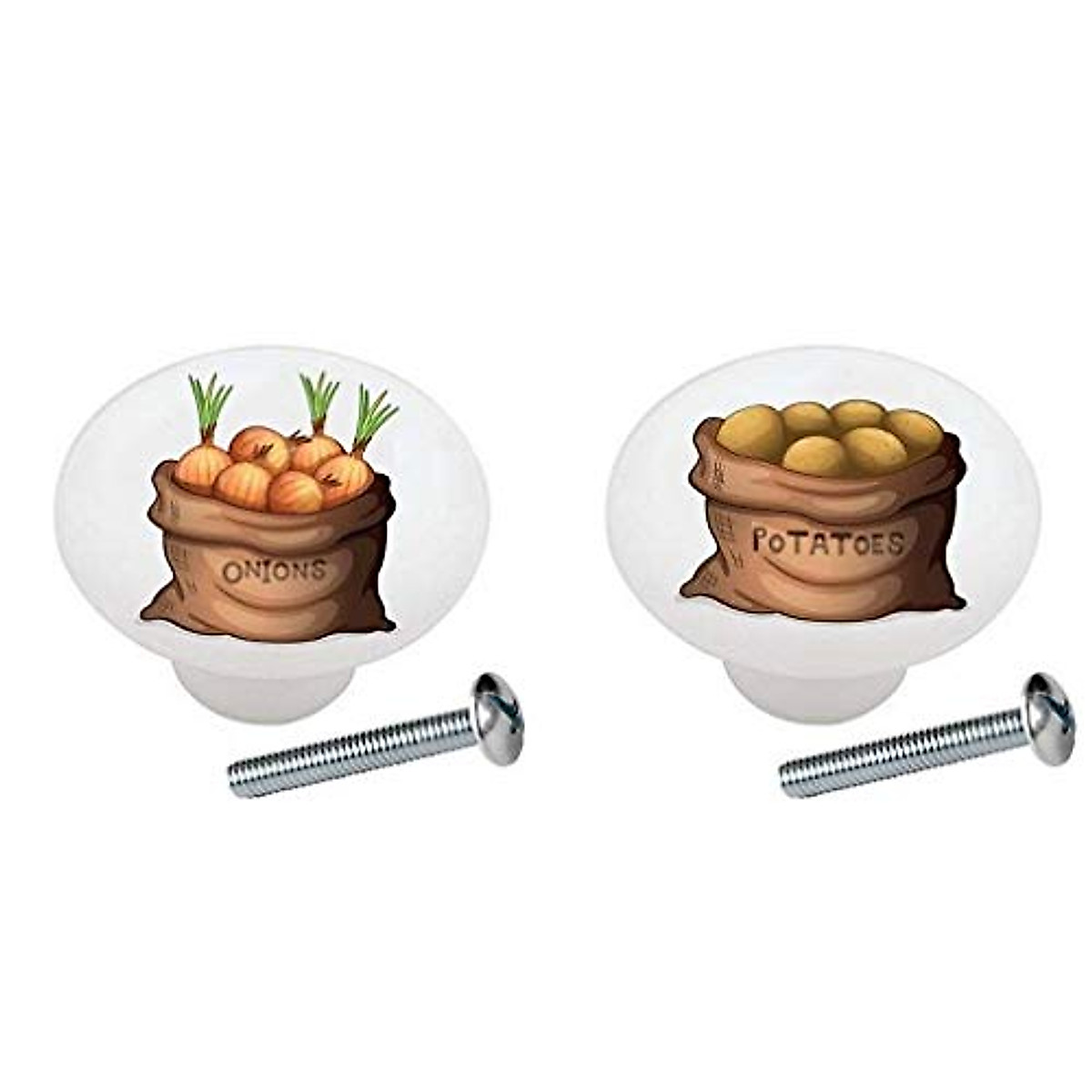 SET OF 2 KNOBS - Potatoes Onions Sack Bag - DECORATIVE Glossy CERAMIC Cupboard Cabinet PULLS Dresser Drawer KNOBS