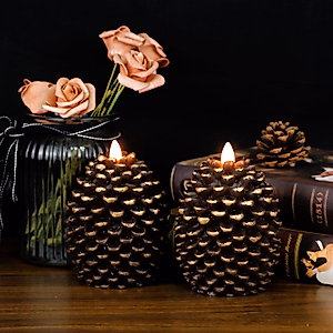 Wondise Flameless Candles with Timer, Battery Operated Flickering Wick Real Wax Pine Cone Candles for Holiday Indoor Decoration, Set of 2, Brown(D3.5 x H4.7 Inch)