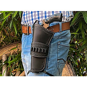 Hulara Leather Cowboy Holster with Ammo Loops .45 Auto, 45 ACP and .44 Cal. Western Holster fit 4" to 8" Western Gun Belts Holster 45 Revolver