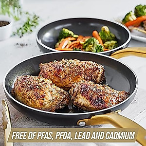 Blue Diamond Gold 10 Piece Cookware Set,Ceramic Nonstick, PFAS Free, PFOA Free, Induction Suitable, Dishwasher Safe, Gold Handle, Black