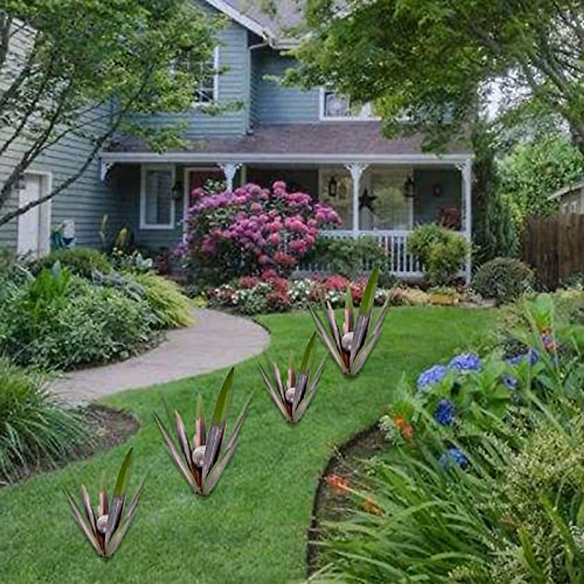 menoha Tequila Rustic Sculpture, DIY Hand Painted Metal Agave Decor with Gazing Ball, Garden Yard Sculpture Lawn Home Ornaments, for Yard Stakes, Garden Figurines, Outdoor Patio (Green 2PCS+2 Balls)