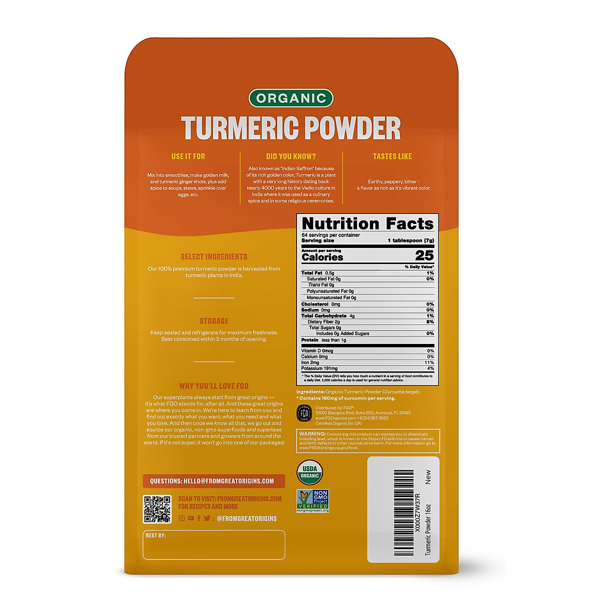 FGO Organic Turmeric Powder w/Curcumin, 100% Raw from India, 16oz, Packaging May Vary (Pack of 1)