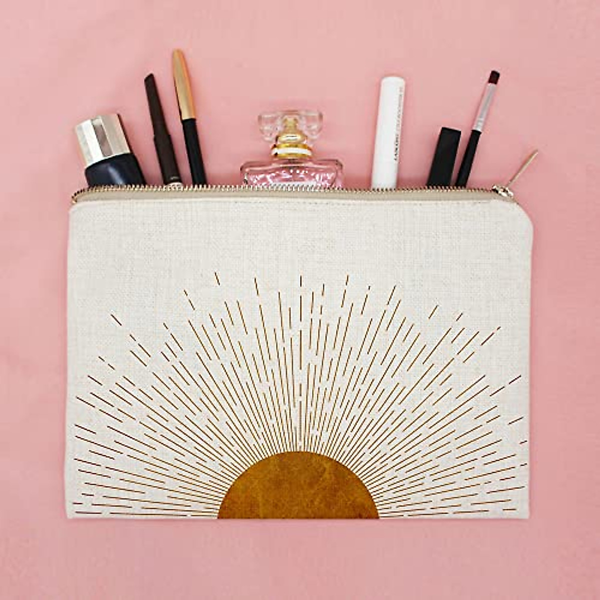 Sunshine Ray Makeup Bag Natural Linen Zipper Pouch Makeup Bag Tech Accessory Bag Mid Centry Boho Decor Travel Accessory Pouch