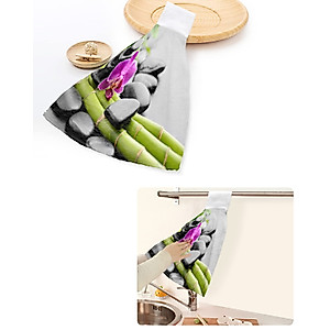 2 PCS Kitchen Hand Towels, Orchid Dew Basalt Stones Floral Aromatherapy Soft Plush Hanging Tie Towels with Loop for Kitchen Bathroom Dish Cloth Tea Bar Towel Close-up Purple Floral