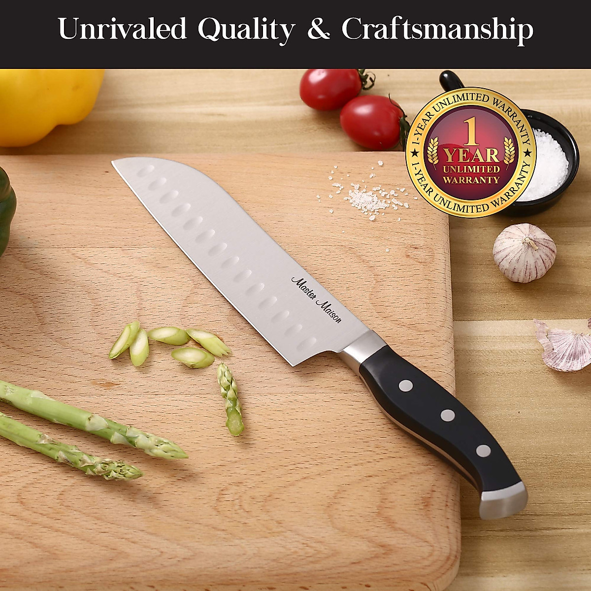 Master Maison Santoku Knife Set 7" Premium German Stainless Steel - Includes Sharpener, Edge Guard, and Gift Box - Sharp Kitchen Knife for Professional Chefs and Home Cooking