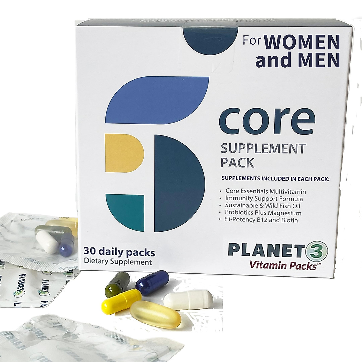 Planet 3 Vitamin Packs, Energy, Immune & Heart Support with Multivitamin, Vitamin D, Probiotics, Biotin, B12, Omega 3, Lutein - Daily Vitamins for Both Men & Women, Core Supplements, 30 Daily Packs
