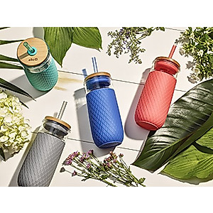 Ello Devon Glass Tumbler with Protective No Sweat Silicone Sleeve and Splash Proof Wooden Detail Lid with Straw, 18 oz