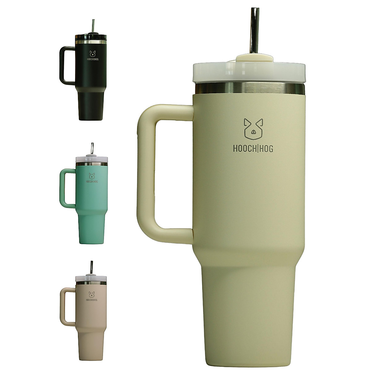 Hooch|Hog 40 oz. Tumbler With Handle Lid and Straw | Reusable Insulated Cup and Water Tumbler | Cup Holder Friendly (Cream)