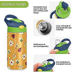Kcldeci Insulated Water Bottle with Straw for Sports and Travel Cute Bees Ladybug Sports Water Bottles Keep Cold for 24 Hours and Hot