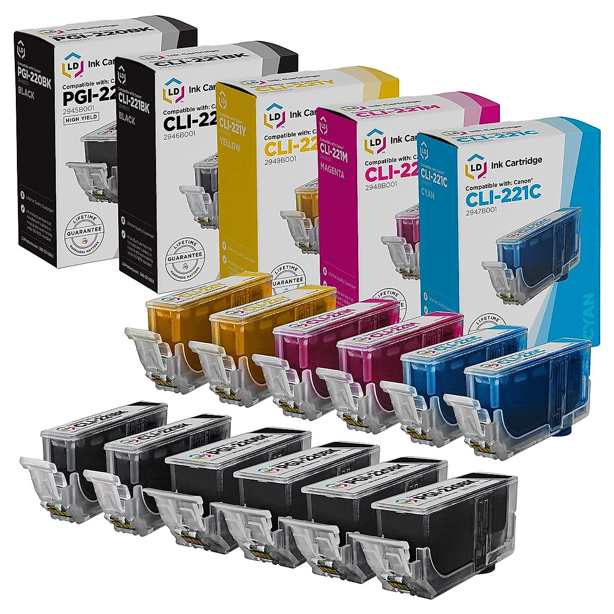 LD Compatible Ink Cartridge Replacement for Canon PGI-220 & CLI-221 (4 Pigment Black, 2 Black, 2 Cyan, 2 Magenta, 2 Yellow, 12-Pack)