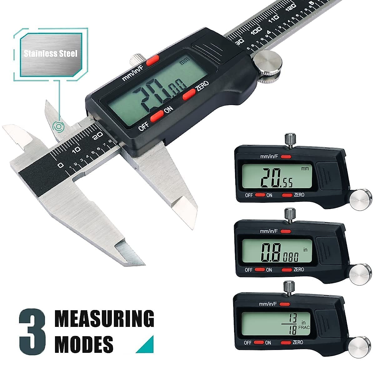 Kynup Caliper, Digital Caliper, Caliper Measuring Tool with Stainless Steel, Easy Switch from Inch Metric Fraction, Large LCD Screen, IP54 Waterproof Protection Design