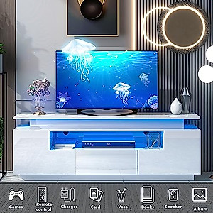 Modern LED TV Stand for 75 inch TV, White Entertainment Center with LED Lights and 4 Storage Cabinets, High Gloss Media TV Console with Drawer for Living Room, Bedroom