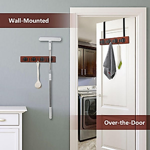 JSVER Over The Door Broom and Mop Holder Wood Broom and Mop Holder with 4 Racks and 3 Hooks, Broom Organizer Storage Tool Racks for Home Kitchen Garage Closet Laundry