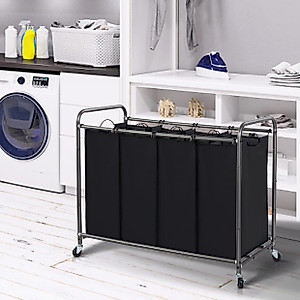 STORAGE MANIAC Laundry Sorter 4 Section, Hamper with Wheels and Removable Bags, Black