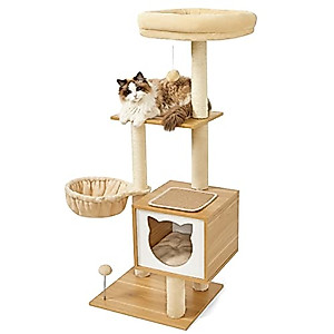 Lesure Modern Cat Tree for Large Cats - Tall Cat Climbing Tower for Indoor Cats with Wood Cat Condo, Hammock and Scratching Post, 50 Inches, Beige