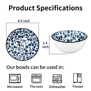 Kithing Ceramic Bowls, 10oz,this blue and white patterned bowls are used for ice cream, desserts, salads Set of 6 (F 4.5in)