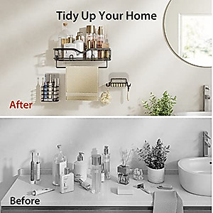 AMADA HOMEFURNISHING Shower Caddy Set, Stainless Steel Shower Organizer with Strong Adhesive, Shower Shelves with Toothbrush Holder, Soap Holder & Towel Bar, No Drilling, Set of 3, Black, AMHSR02B