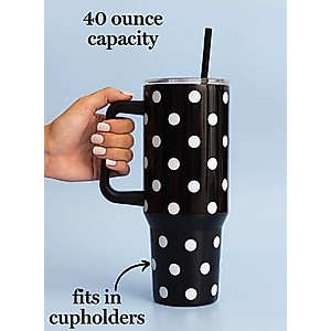 Kate Spade New York 40 Ounce Tumbler with Handle and Straw, Double Wall Stainless Steel Insulated Tumbler, Cupholder Friendly 40 oz Cup, Black Metal Tumbler for Hot or Cold Drinks, Picture Dot