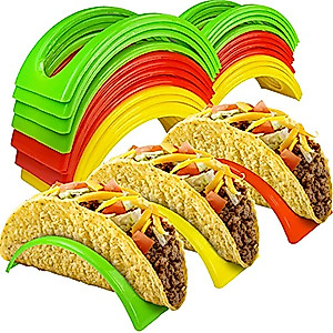 KSEV Taco Holder Stand - 24 Packs (Non-Toxic, BPA Free - Dishwasher & Microwave Safe) Hard Plastic Taco Shell Rack, Party Serving Tray Set for Tortillas Burritos (Green/Red/Yellow)